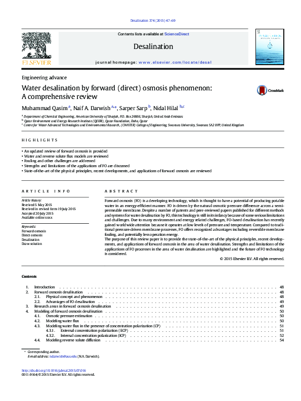 (PDF) Water desalination by forward (direct) osmosis phenomenon: A ...