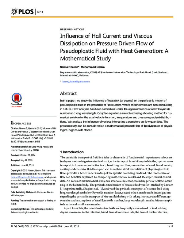 Pdf Influence Of Hall Current And Viscous Dissipation On Pressure Driven Flow Of Pseudoplastic