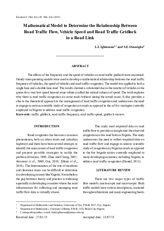 Pdf Mathematical Model To Determine The Relationship Between Road