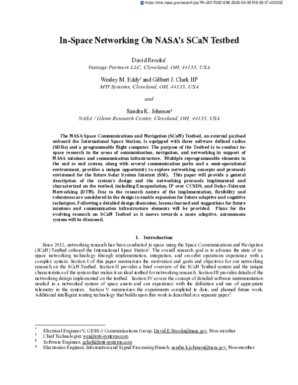 (PDF) In-Space Networking On NASA’s SCaN Testbed