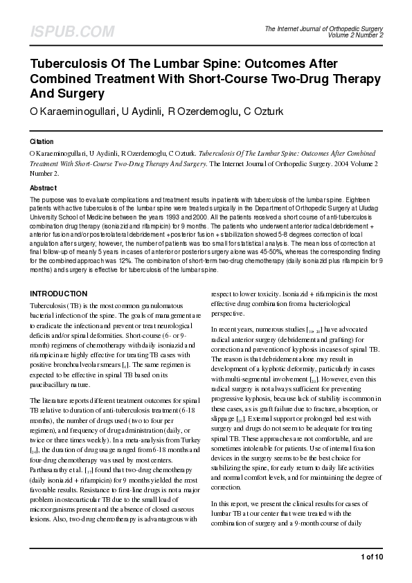 (PDF) Tuberculosis Of The Lumbar Spine: Outcomes After Combined ...
