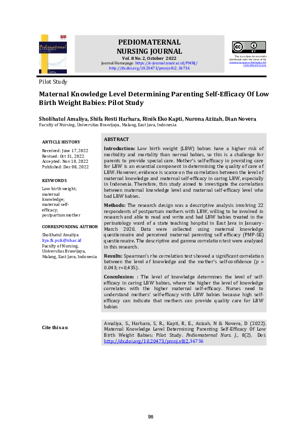 (PDF) Maternal Knowledge Level Determining Parenting Self-Efficacy Of Low Birth Weight Babies ...