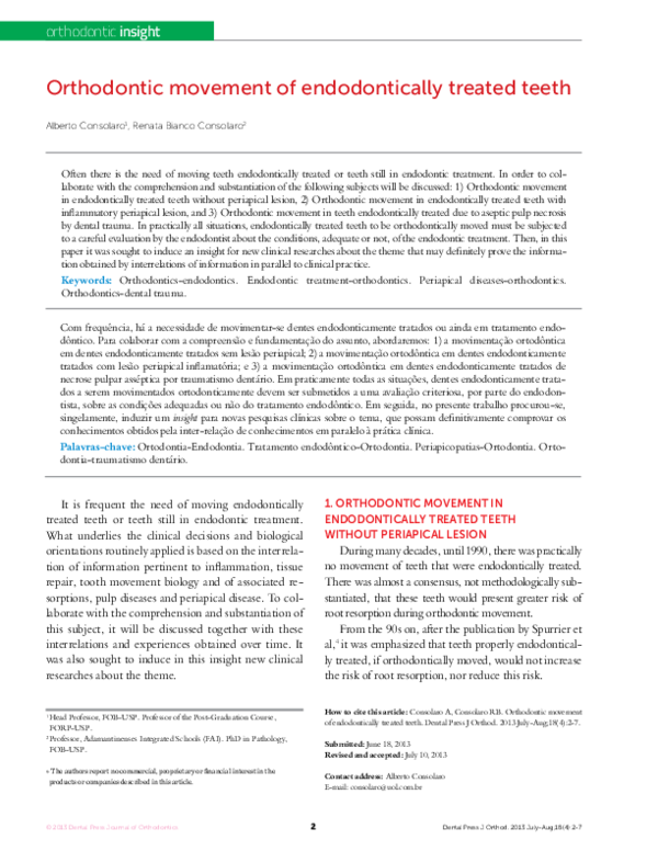 (PDF) Orthodontic movement of endodontically treated teeth
