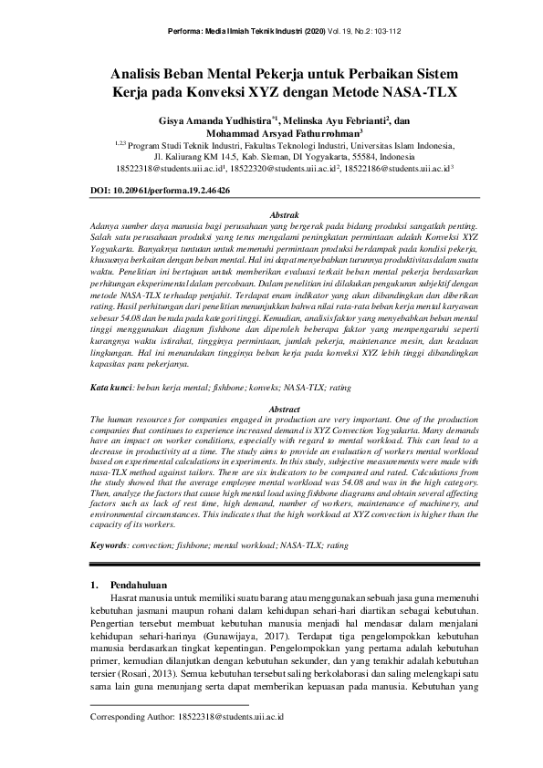 (PDF) Analisis Beban Mental Pekerja untuk Perbaikan Sistem Kerja pada ...