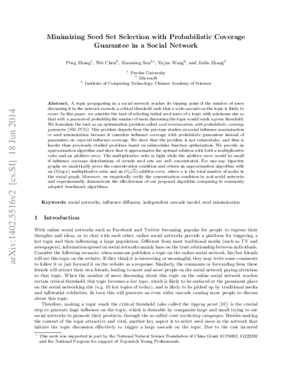 (PDF) Minimizing seed set selection with probabilistic coverage guarantee in a social network