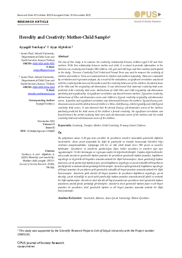 (PDF) Heredity and Creativity: Mother-Child Sample