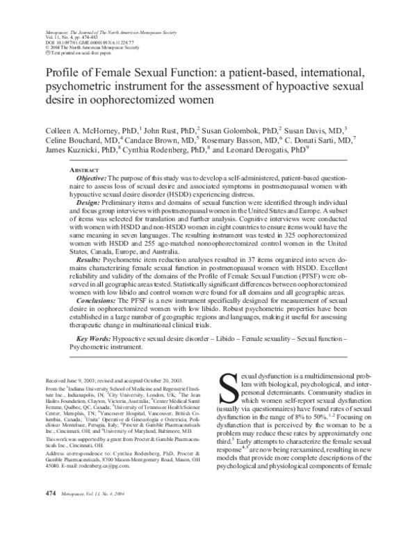 Pdf Profile Of Female Sexual Function A Patient Based International