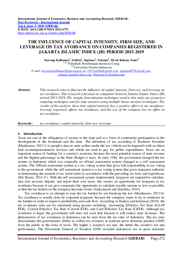 (PDF) The Influence of Capital Intensity, Firm Size, and Leverage on Tax Avoidance on Companies ...