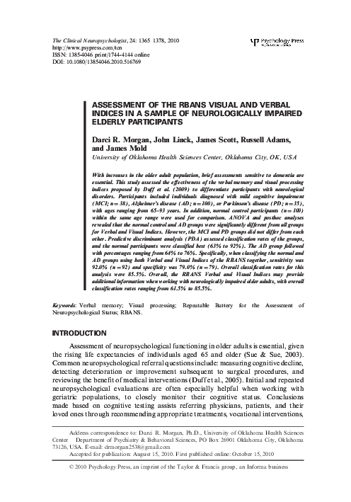(PDF) Assessment of the Rbans Visual and Verbal Indices in a Sample of ...