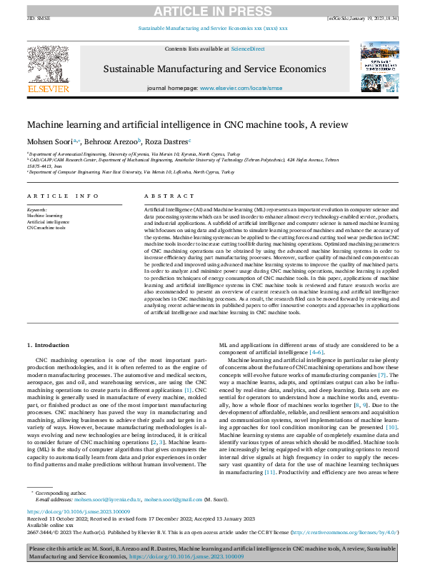 (PDF) Machine learning and artificial intelligence in CNC machine tools ...