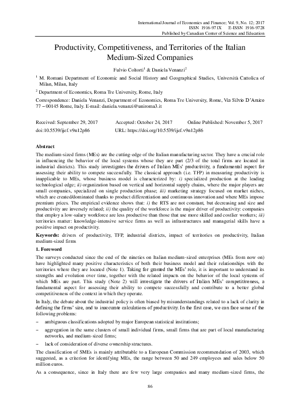 (PDF) Productivity, Competitiveness, and Territories of the Italian Medium-Sized Companies