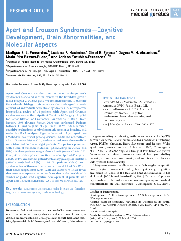 (PDF) Apert and Crouzon syndromes-cognitive development, brain abnormalities, and molecular aspects