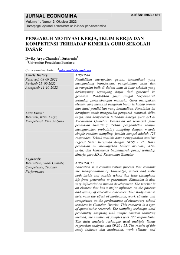 (PDF) Pengaruh Motivasi Kerja, Iklim Kerja Dan Kompetensi Terhadap Kinerja Guru Sekolah Dasar