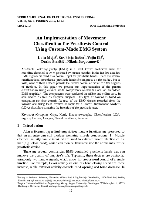 (PDF) An implementation of movement classification for prosthesis control using custom-made EMG ...