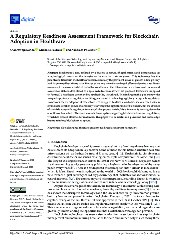 (PDF) A Regulatory Readiness Assessment Framework for Blockchain Adoption in Healthcare