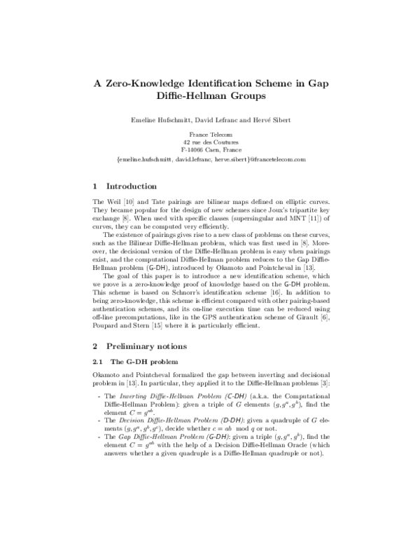 (PDF) A Zero-Knowledge Identification Scheme in Gap Die-Hellman Groups