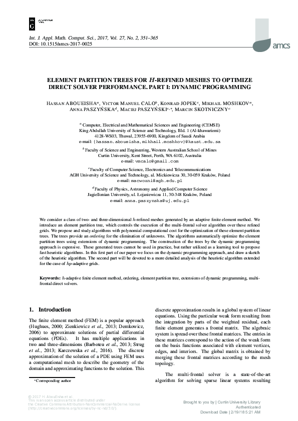 (PDF) Element Partition Trees For H-Refined Meshes to Optimize Direct Solver Performance. Part I ...