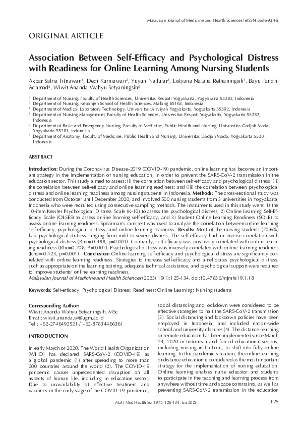 (PDF) Association Between Self-Efficacy and Psychological Distress with Readiness for Online ...