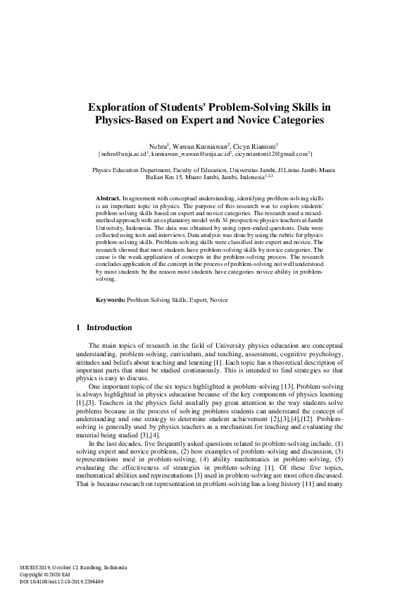 (PDF) Exploration of Students' Problem-Solving Skills in Physics-Based on Expert and Novice ...