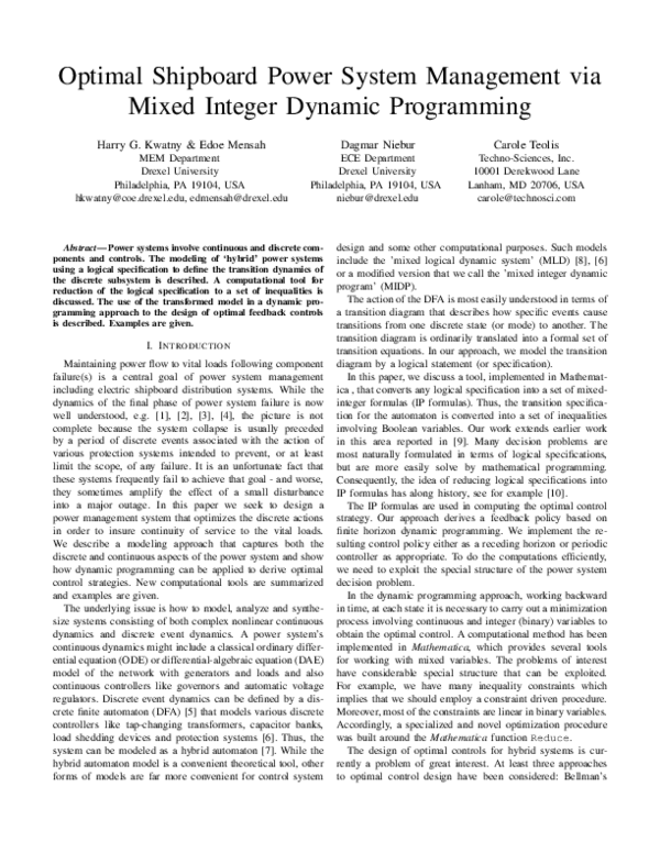 (PDF) Optimal shipboard power system management via mixed integer dynamic programming