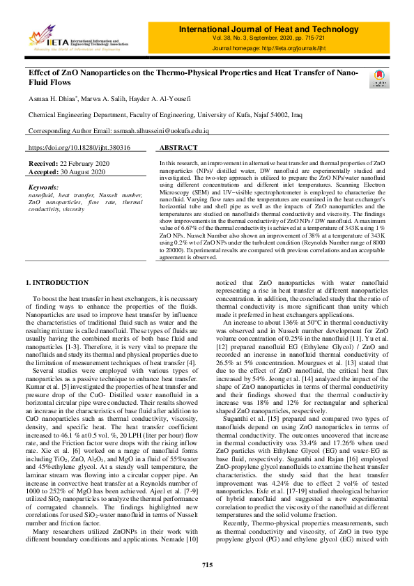 (PDF) Effect of ZnO Nanoparticles on the Thermo-Physical Properties and Heat Transfer of Nano ...