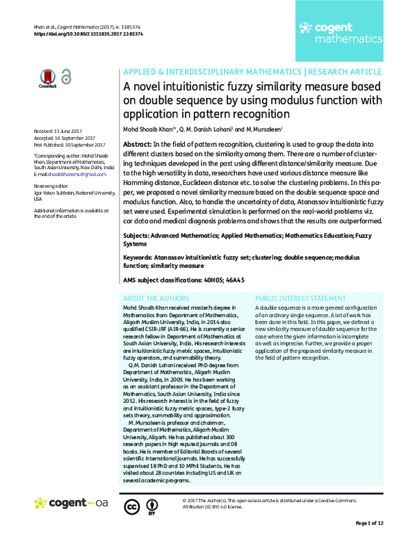 (PDF) A novel intuitionistic fuzzy similarity measure based on double sequence by using modulus ...