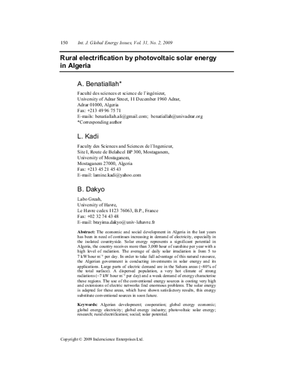 (PDF) Rural electrification by photovoltaic solar energy in Algeria