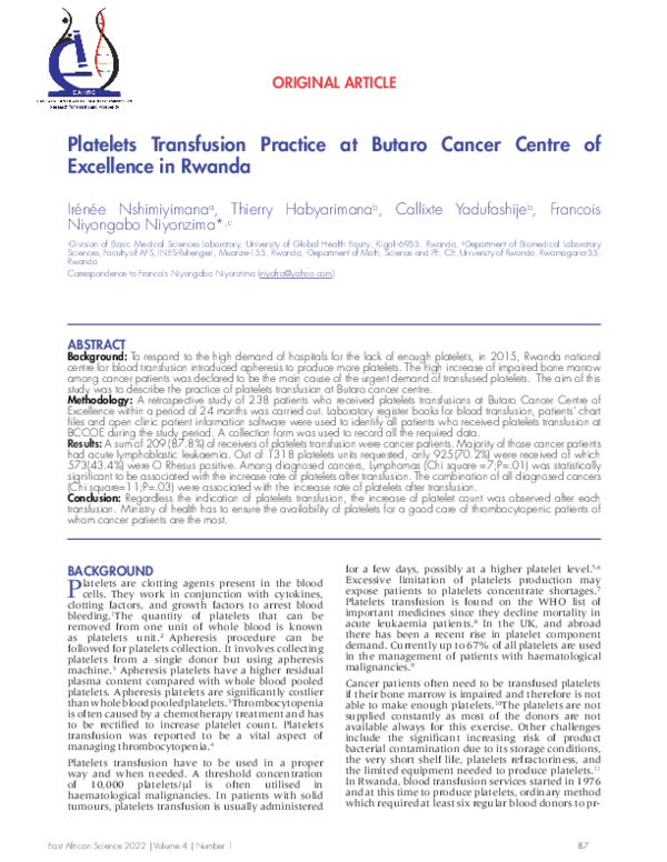 (PDF) Platelets Transfusion Practice at Butaro Cancer Centre of ...