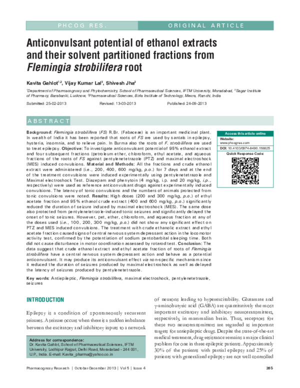 (PDF) Anticonvulsant potential of ethanol extracts and their solvent partitioned fractions from ...