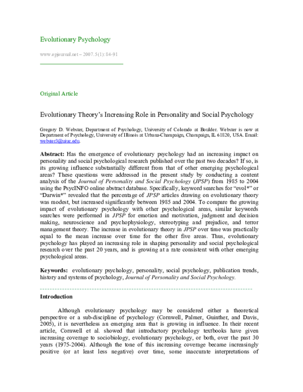 (PDF) Evolutionary Theory's Increasing Role in Personality and Social Psychology