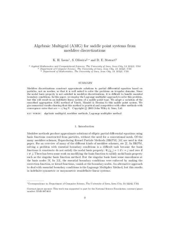 (PDF) Algebraic multigrid(AMG) for saddle point systems from meshfree ...
