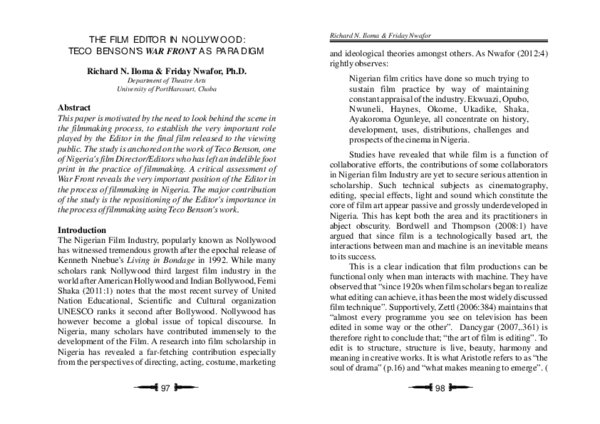 (PDF) The Film Editor in Nollywood: Teco Benson's War Front as Paradigm
