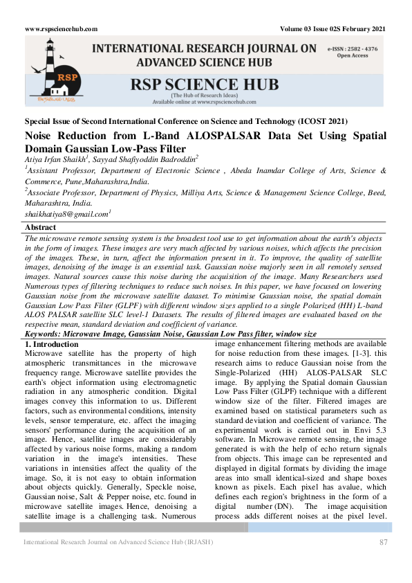 (PDF) Noise Reduction from L-Band ALOSPALSAR Data Set Using Spatial Domain Gaussian Low-Pass Filter