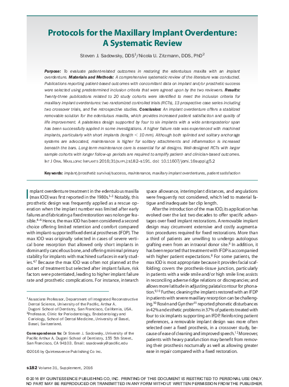 (PDF) Protocols for the Maxillary Implant Overdenture: A Systematic Review