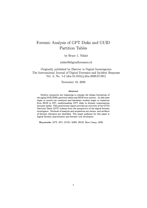 (PDF) Forensic analysis of GPT disks and GUID partition tables
