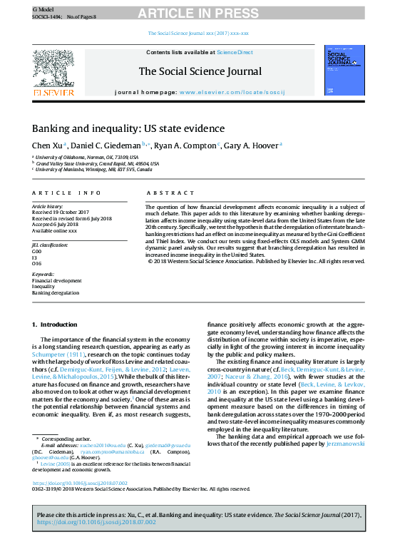 (PDF) Banking and inequality: US state evidence