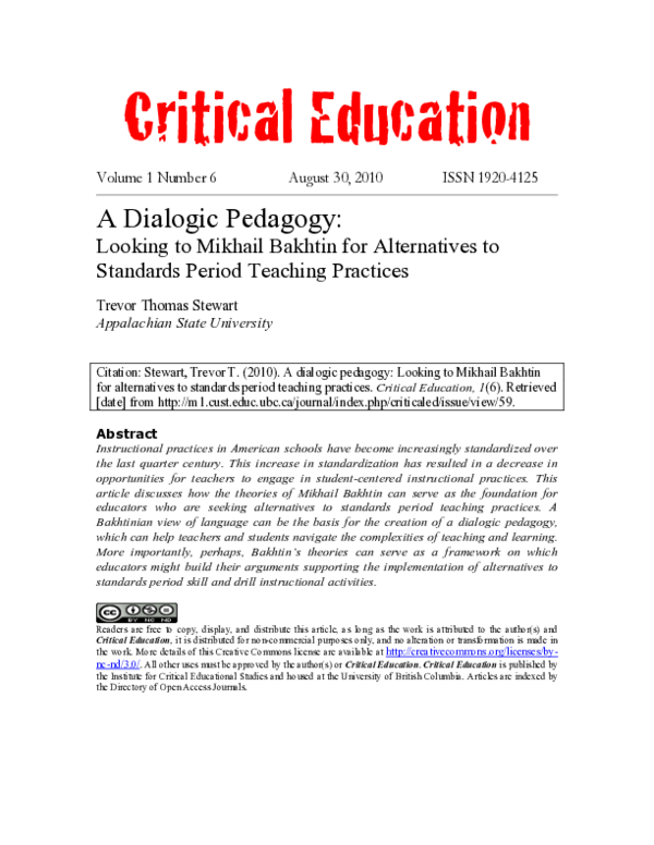 (PDF) Critical Education A Dialogic Pedagogy: Looking to Mikhail Bakhtin for Alternatives to ...