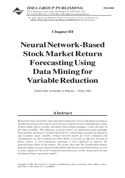 (PDF) Neural Network-Based Stock Market Return Forecasting Using Data Mining for Variable Reduction