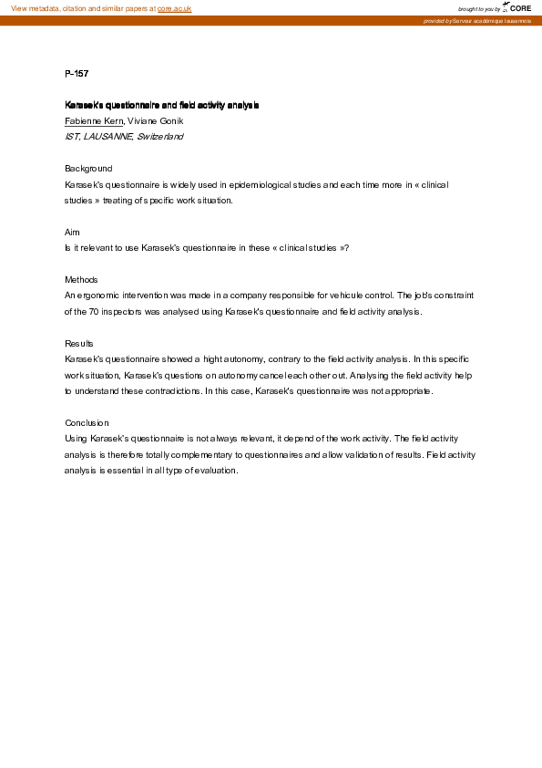 (PDF) Karasek's questionnaire and field activity analysis