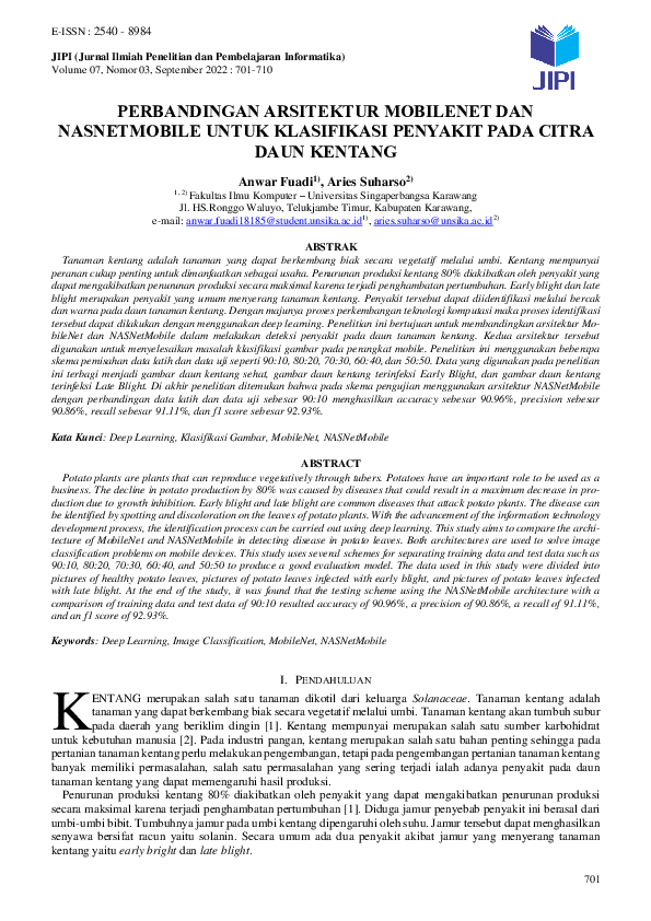 Pdf Perbandingan Arsitektur Mobilenet Dan Nasnetmobile Untuk