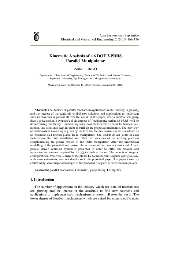 (PDF) Kinematic Analysis of a 6 DOF 3-PRRS Parallel Manipulator