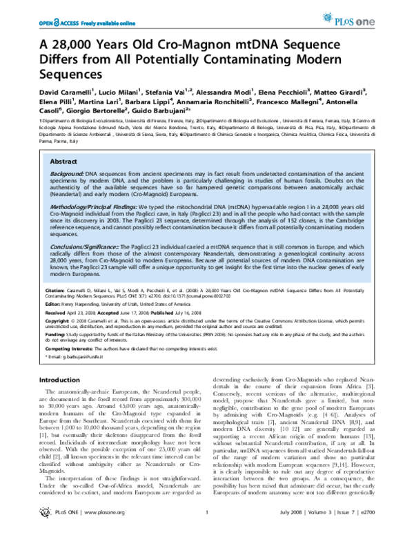 (PDF) A 28,000 Years Old Cro-Magnon mtDNA Sequence Differs from All ...