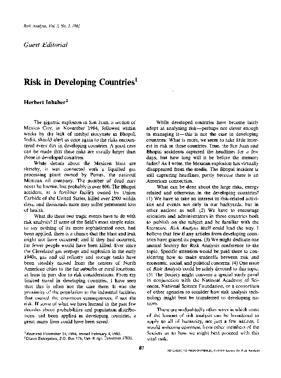 (PDF) Risk in Developing Countries1 | Herbert Inhaber - Academia.edu