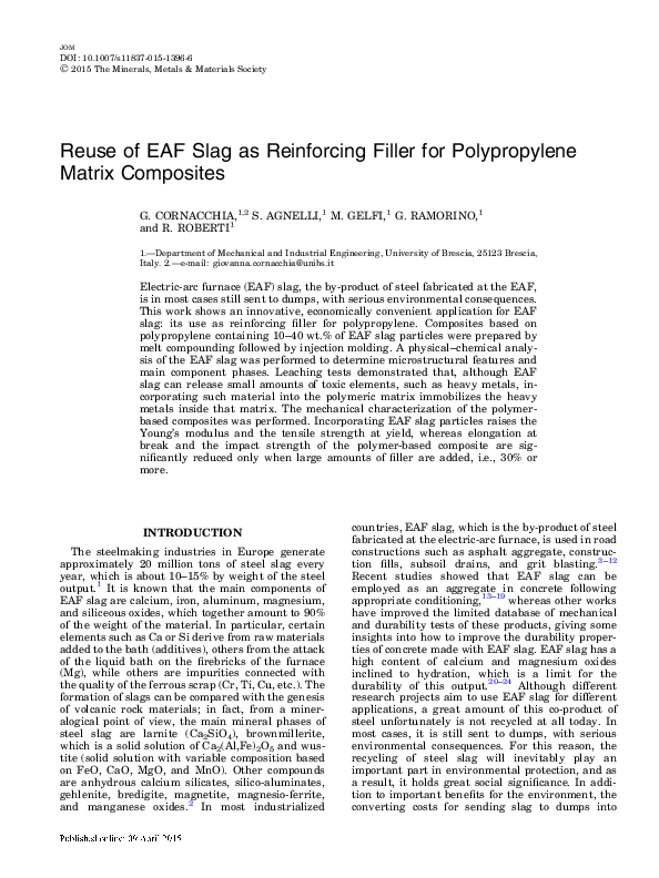 (PDF) Reuse of EAF Slag as Reinforcing Filler for Polypropylene Matrix ...