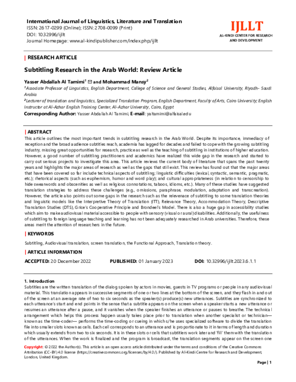 (PDF) Subtitling Research in the Arab World: Review Article