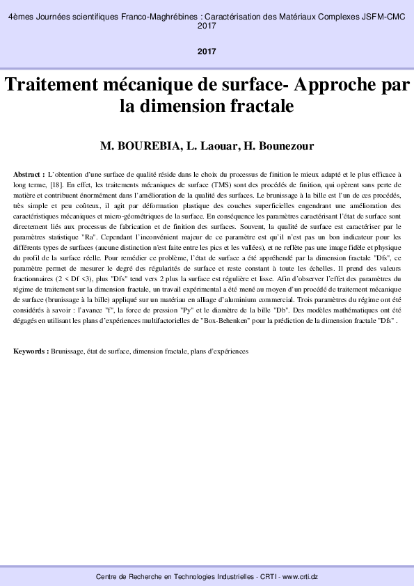(PDF) Traitement mécanique de surface- Approche par la dimension fractale