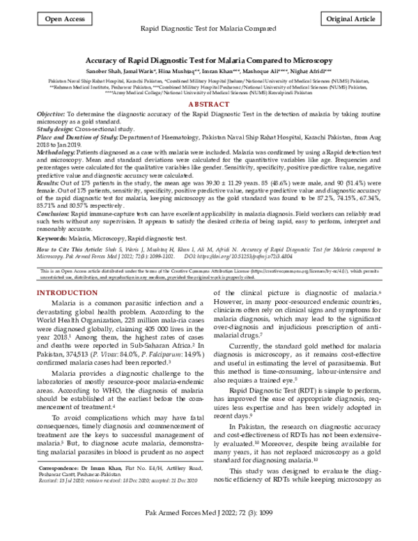 (PDF) Accuracy of Rapid Diagnostic Test for Malaria Compared to Microscopy