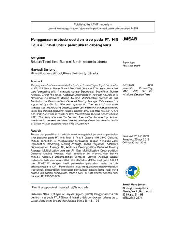 (PDF) Penggunaan metode decision tree pada PT. HIS Tour Travel untuk ...