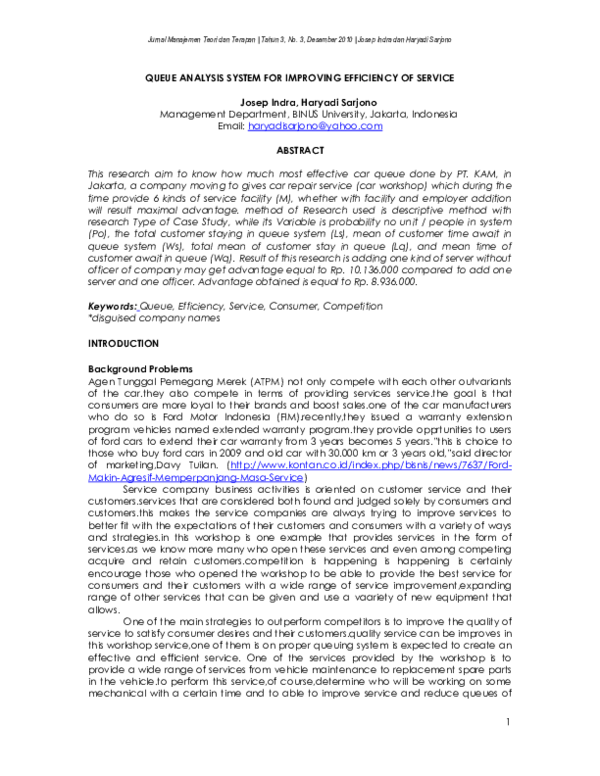 (PDF) Queue Analysis System For Improving Efficiency Of Service