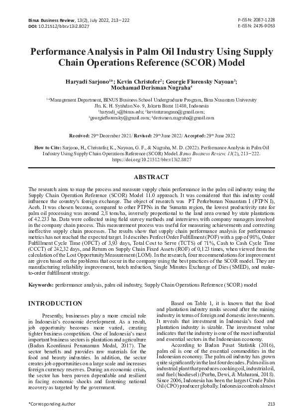 (PDF) Performance Analysis in Palm Oil Industry Using Supply Chain Operations Reference (SCOR) Model